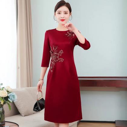 Elegant Embroidered Knee-length Red Sheath Dress on Luulla