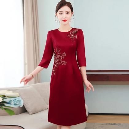 Elegant Embroidered Knee-length Red Sheath Dress on Luulla