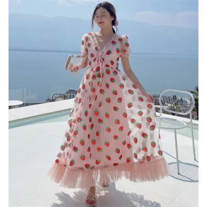 Elegant Strawberry Print Summer Maxi Dress on Luulla