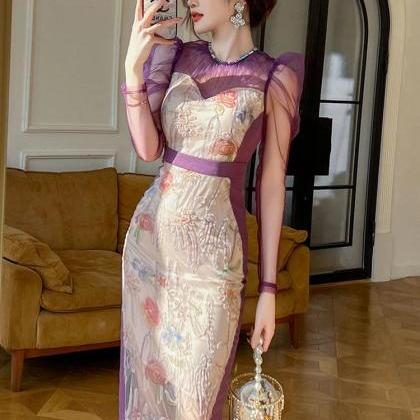Elegant Floral Embroidered Sheer Mesh Midi Dress on Luulla