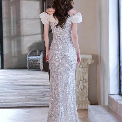 Elegant Off-shoulder Silver Sequin Evening Gown on Luulla