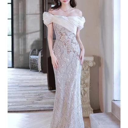 Elegant Off-shoulder Silver Sequin Evening Gown on Luulla