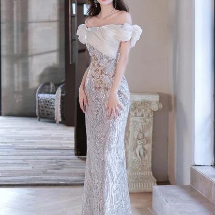 Elegant Off-shoulder Silver Sequin Evening Gown on Luulla