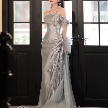 Luxe Silver Sequin Off-shoulder Evening Gown on Luulla