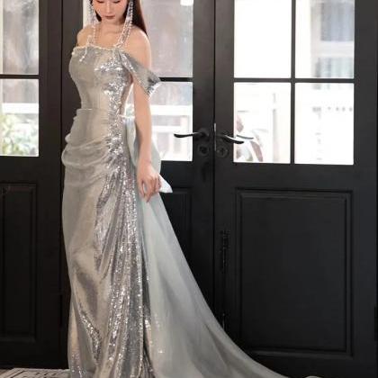 Luxe Silver Sequin Off-shoulder Evening Gown on Luulla