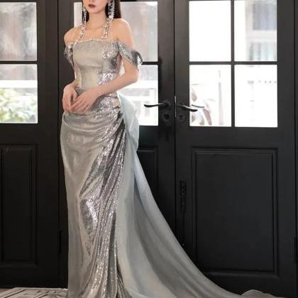 Luxe Silver Sequin Off-shoulder Evening Gown on Luulla