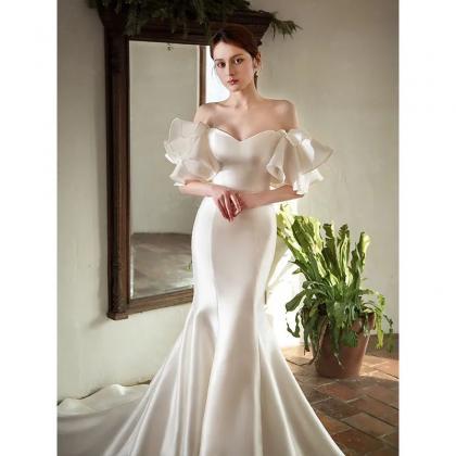 Off-shoulder Satin Mermaid Wedding Gown With Train on Luulla