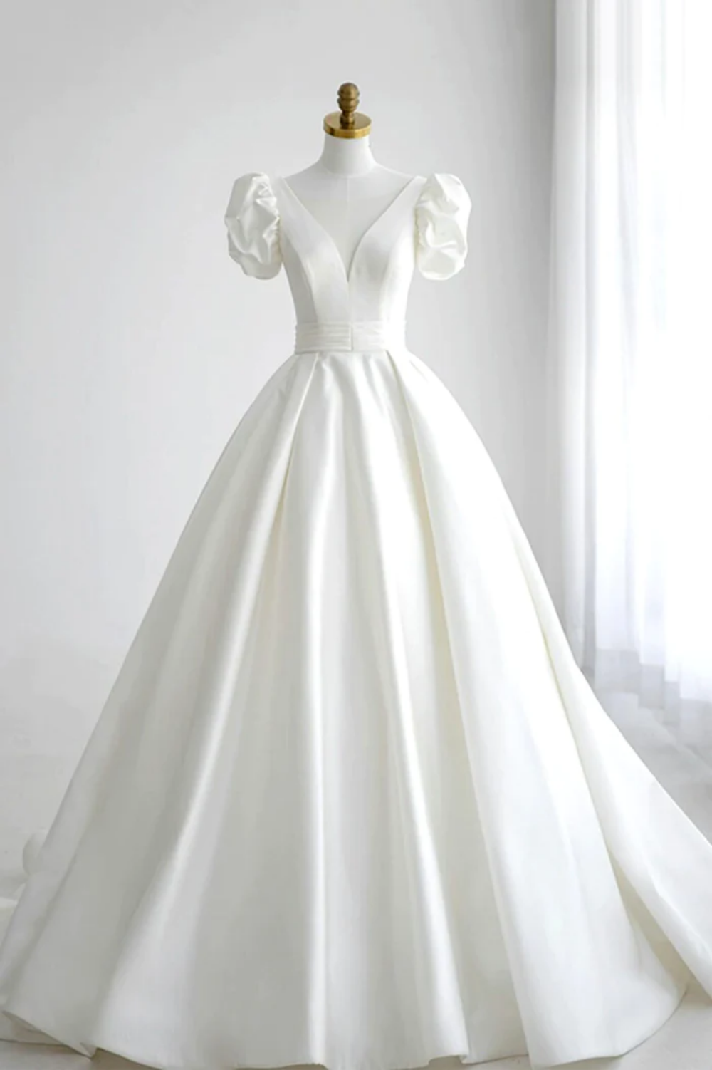 White V-neck Satin Ball Dress, A-line Short Bubble Sleeve Formal Ball ...