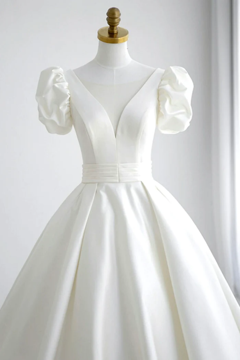 White V-neck Satin Ball Dress, A-line Short Bubble Sleeve Formal Ball ...