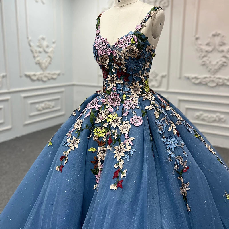 Luxury Embroidered Blue Ball Gown With Floral Appliques on Luulla
