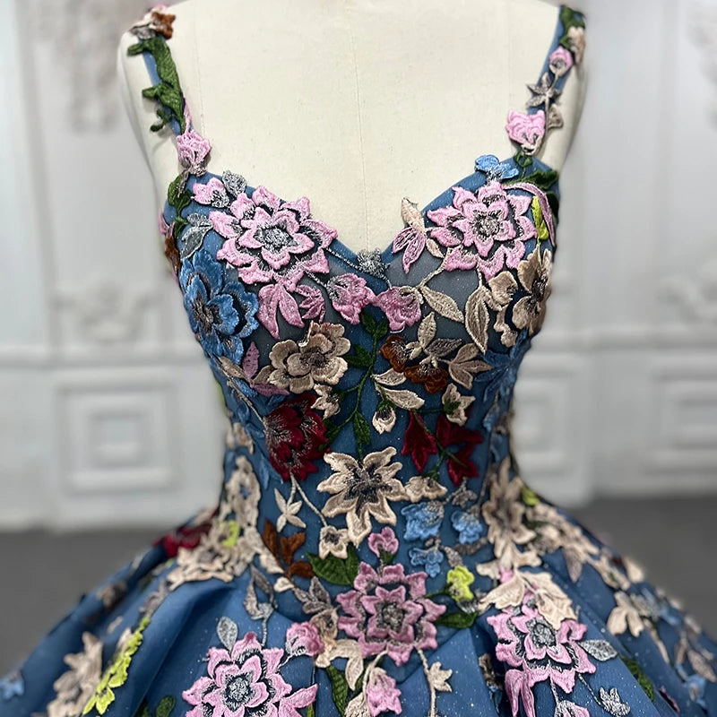 Luxury Embroidered Blue Ball Gown With Floral Appliques on Luulla