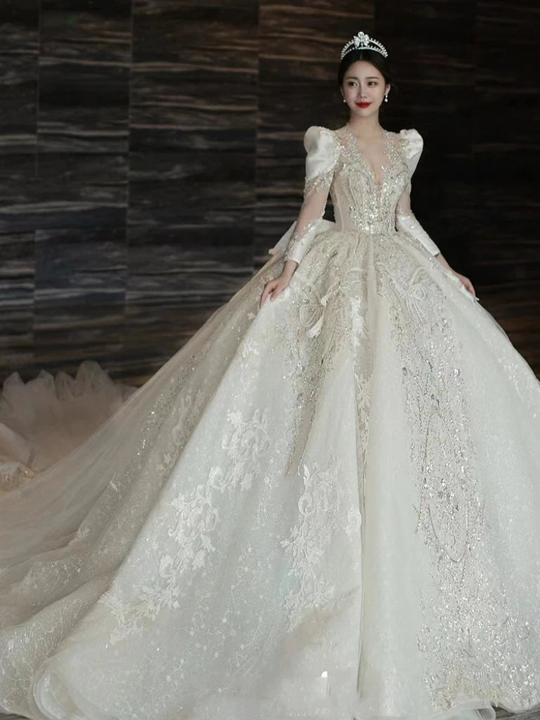 Luxurious Beaded Ball Gown Wedding Dress With Sleeves On Luulla