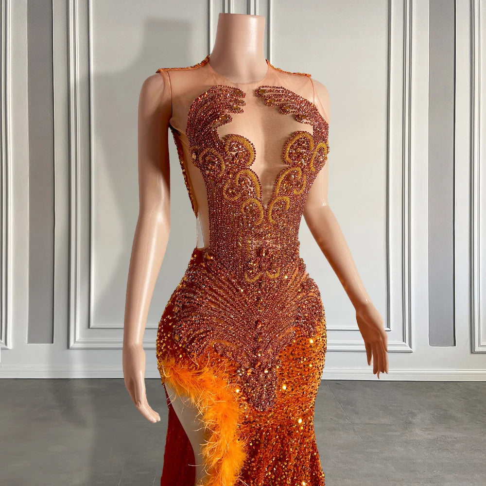 Luxury Beaded Orange Feather Mermaid Evening Gown on Luulla