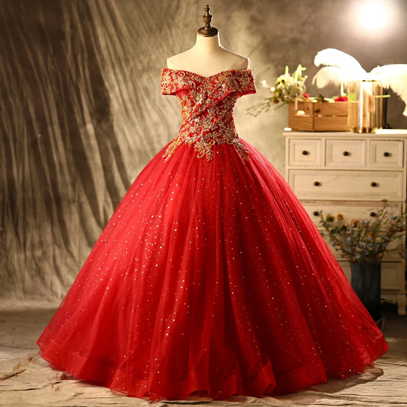 Elegant Off-shoulder Red Ball Gown With Beaded Embroidery on Luulla