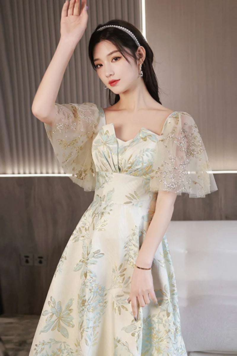 Elegant Floral Printed Square Neckline A-line Dress on Luulla