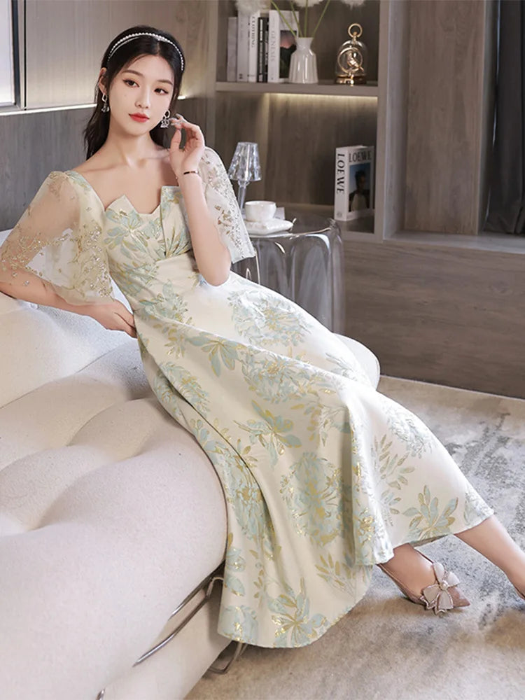 Elegant Floral Printed Square Neckline A-line Dress on Luulla