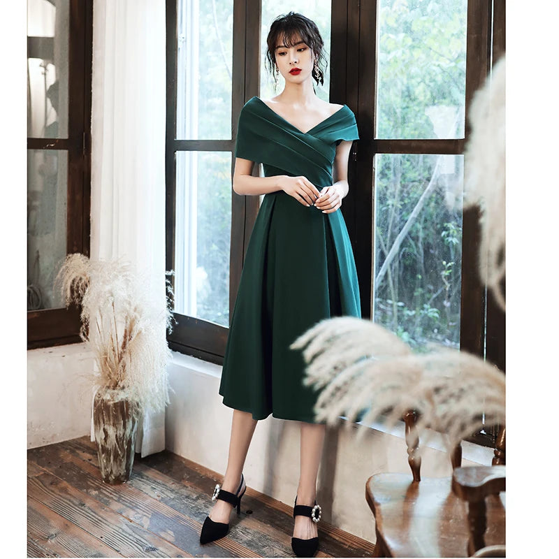 Elegant V-neck Midi Cocktail Dress With Cap Sleeves on Luulla