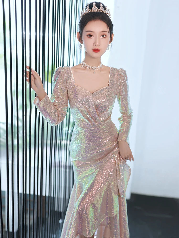 Elegant Long Sleeve Sequin Evening Gown With Tiara on Luulla