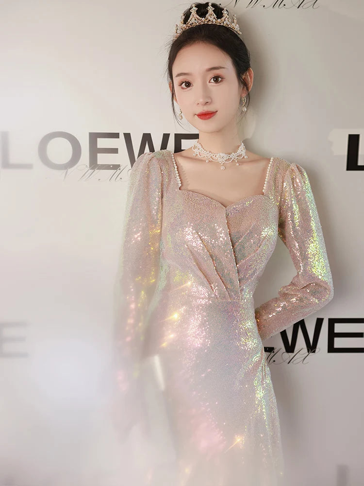 Elegant Long Sleeve Sequin Evening Gown With Tiara on Luulla