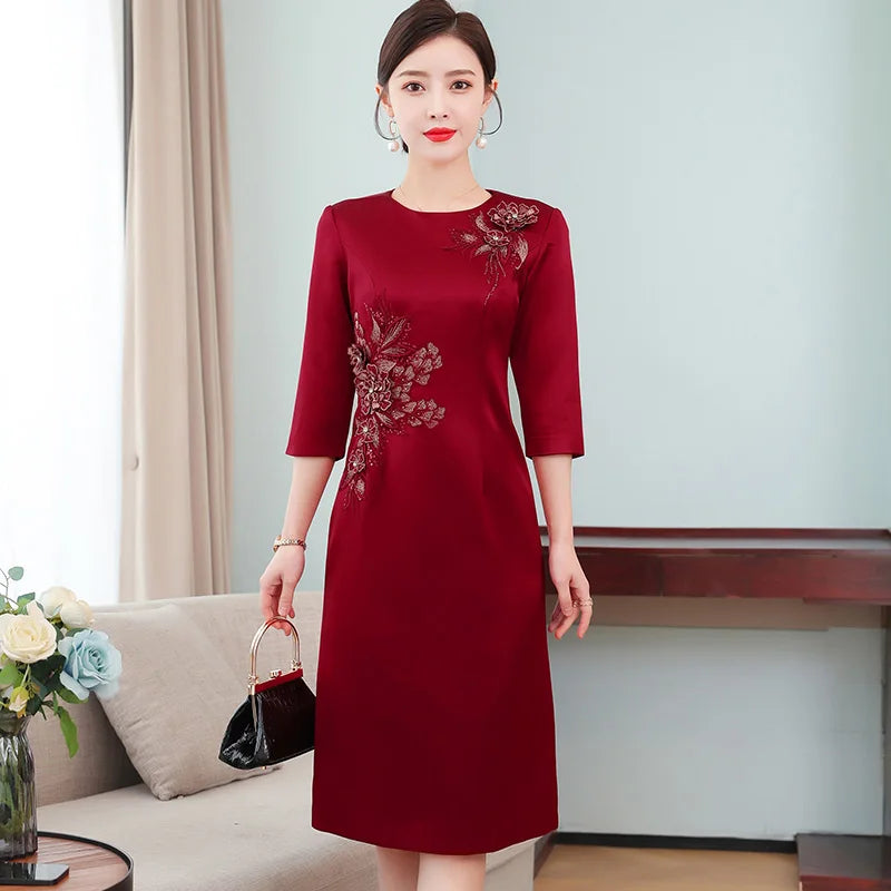 Elegant Embroidered Knee-length Red Sheath Dress on Luulla