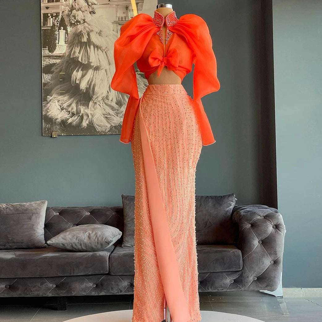 Elegant Orange Two-piece Evening Gown Set on Luulla