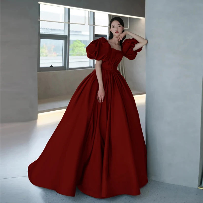 Elegant Red Evening Gown With Puff Sleeves on Luulla