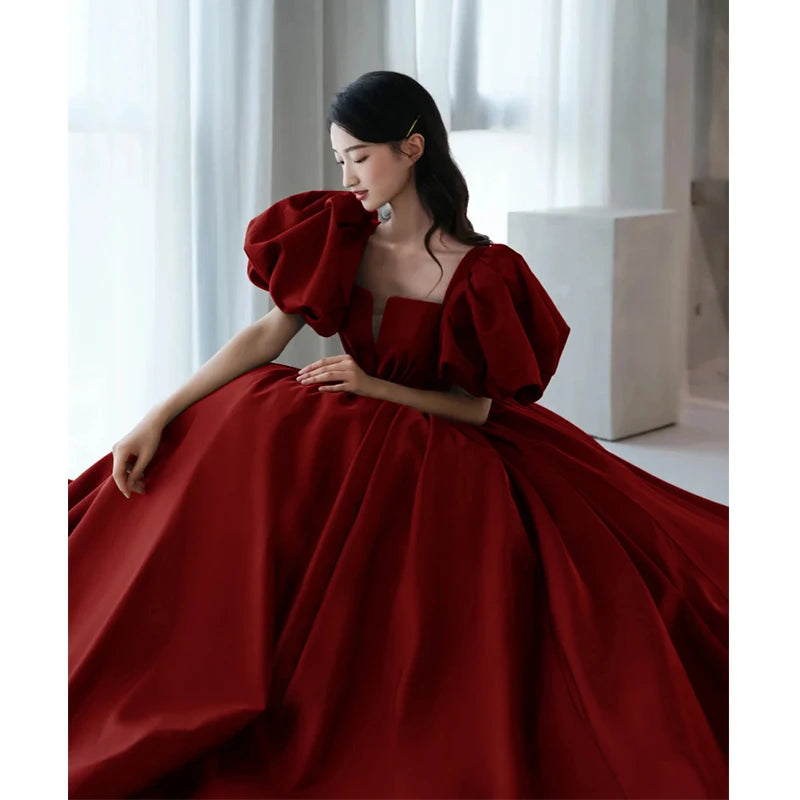 Elegant Red Evening Gown With Puff Sleeves on Luulla