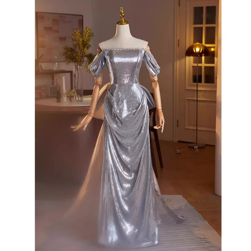 Elegant Silver Off-shoulder Full-length Evening Gown on Luulla