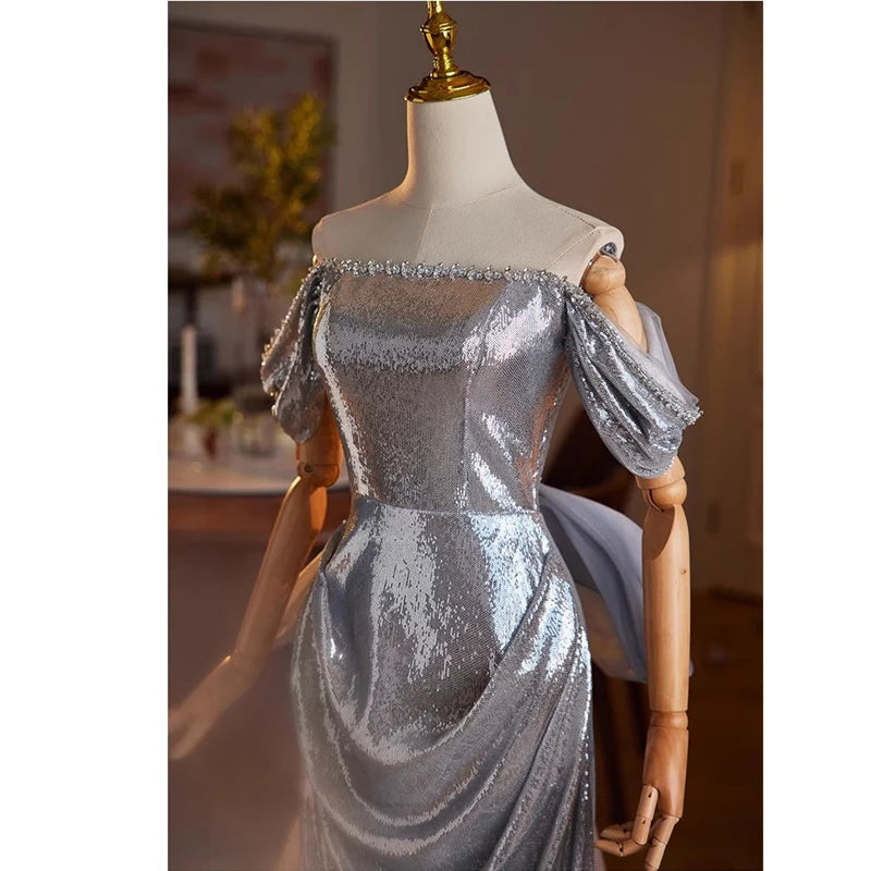 Elegant Silver Off-shoulder Full-length Evening Gown on Luulla