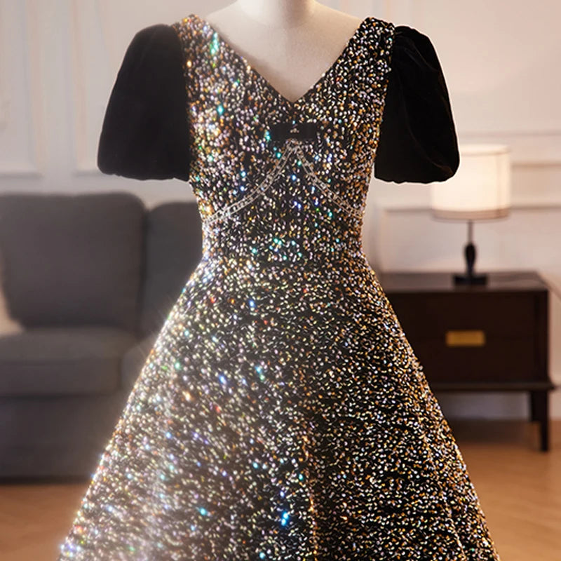 Elegant Black Sequin Evening Gown With Sleeves on Luulla