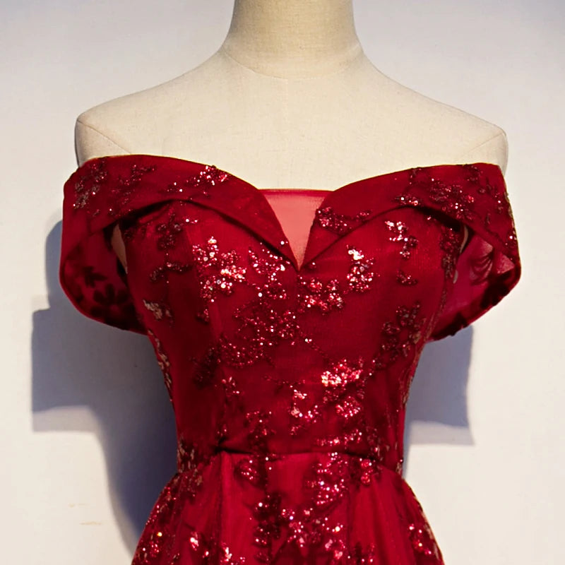 Elegant Off-shoulder Red Lace Evening Gown on Luulla