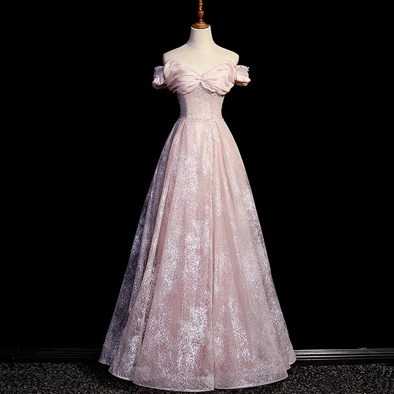 Elegant Off-shoulder Sparkling Pink Evening Gown on Luulla
