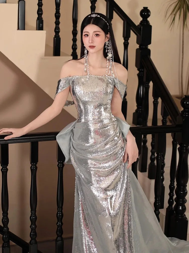 Luxe Silver Sequin Off-shoulder Evening Gown on Luulla