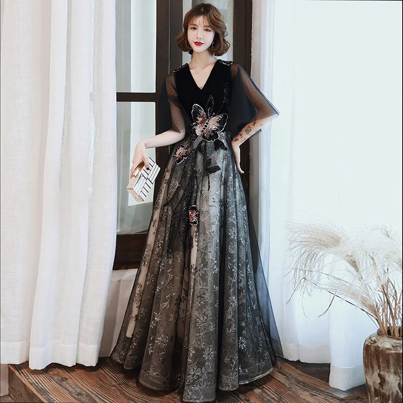 Exquisite Black Lace Floral Mesh Evening Gown on Luulla