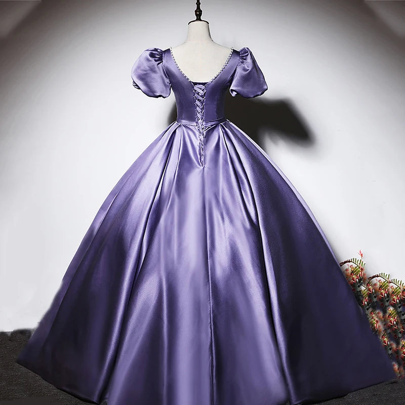 Luxurious Purple Satin Gown With Puff Sleeves on Luulla