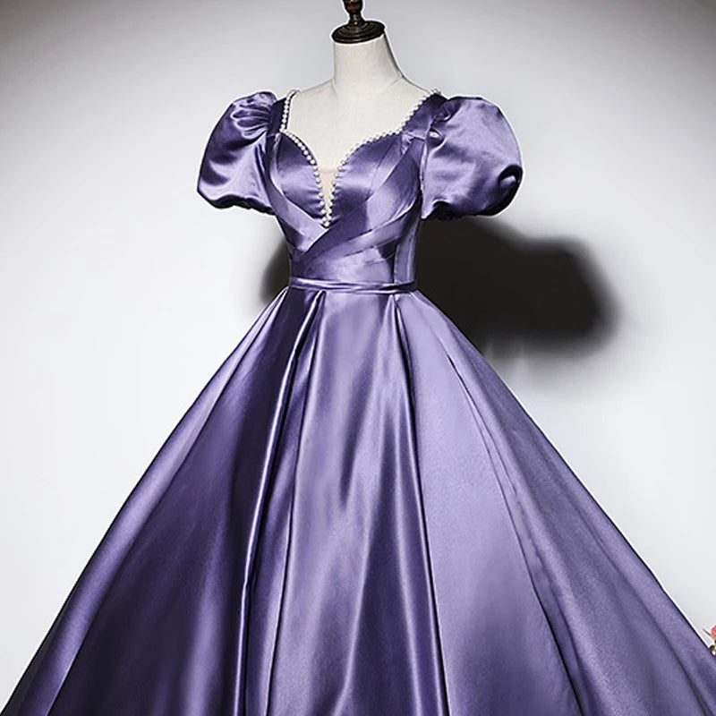 Luxurious Purple Satin Gown With Puff Sleeves on Luulla
