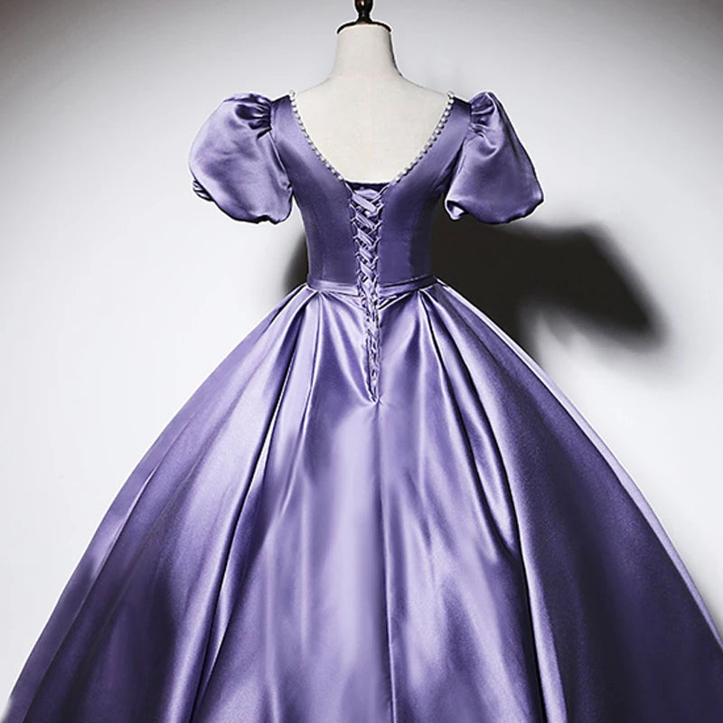 Luxurious Purple Satin Gown With Puff Sleeves on Luulla