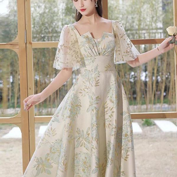Elegant Floral Printed Square Neckline A-line Dress on Luulla
