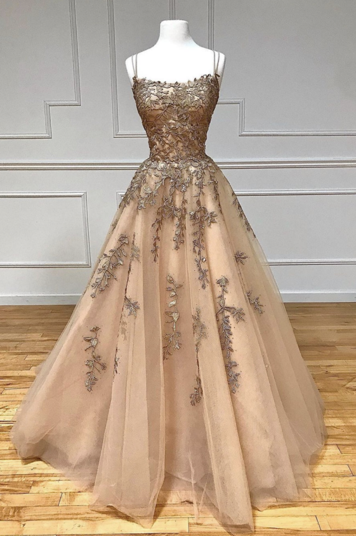 Classic U-shaped Neckline With Lace Applique And Diamond Embellishments On The Back Lace Up ...