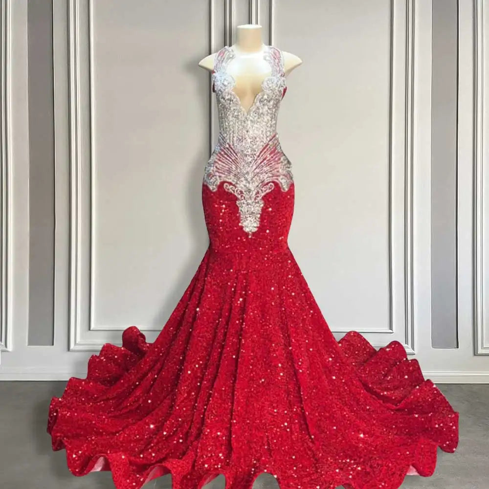 Elegant Red Sequined Mermaid Gown With Embroidery on Luulla