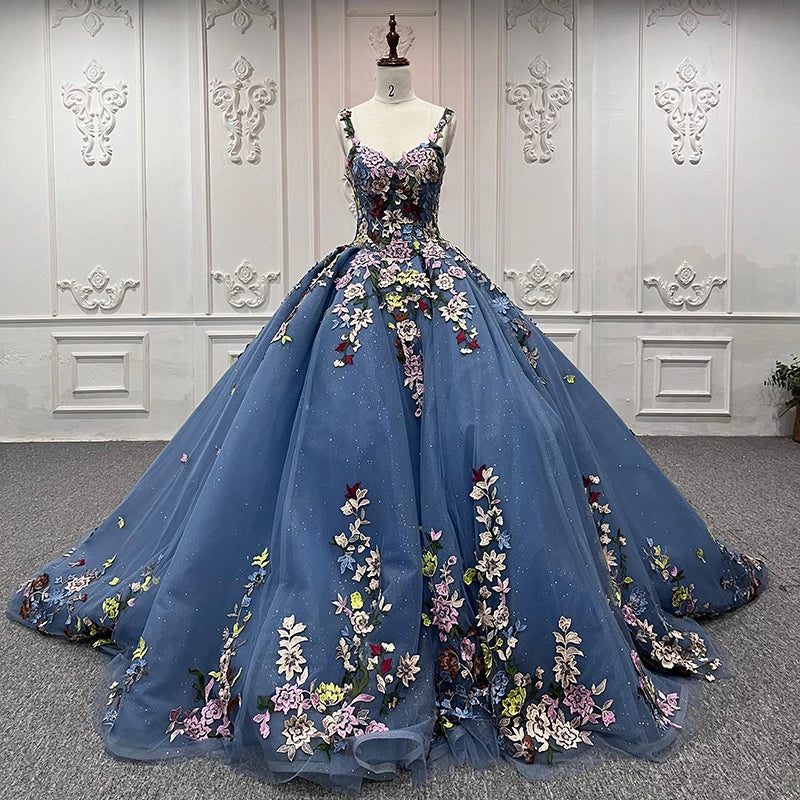 Luxury Embroidered Blue Ball Gown With Floral Appliques on Luulla