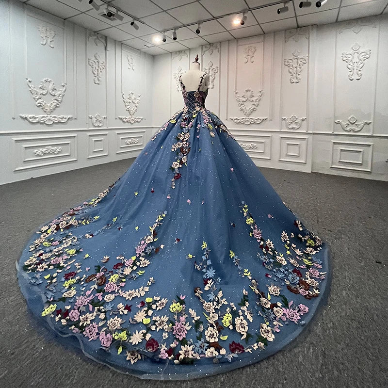 Luxury Embroidered Blue Ball Gown With Floral Appliques on Luulla