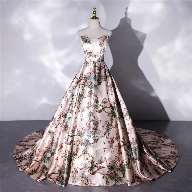Elegant Floral Print Satin Ball Gown With Train on Luulla