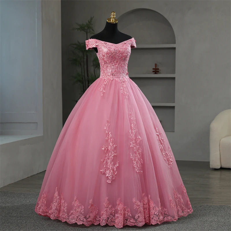 Elegant Off-shoulder Pink Ball Gown With Lace Applique on Luulla