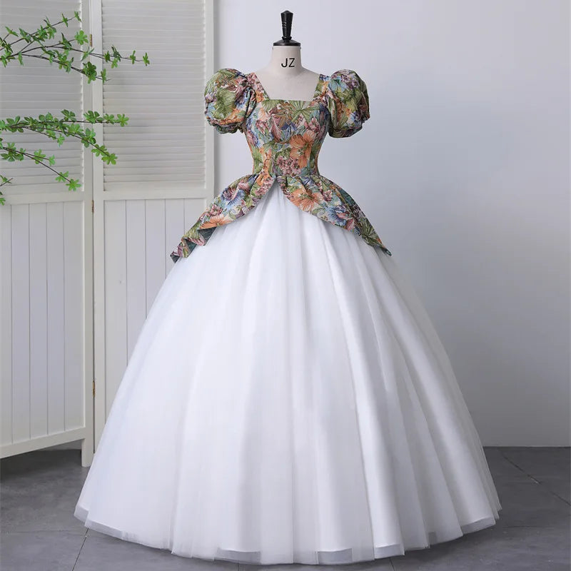 Elegant Floral Bodice Puff Sleeve Ball Gown Dress on Luulla