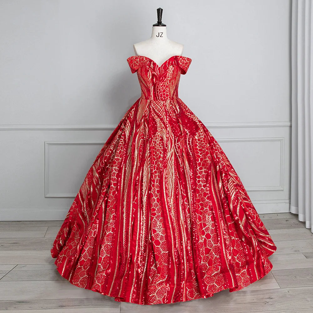Luxury Off-shoulder Red Sequined Ball Gown Dress on Luulla
