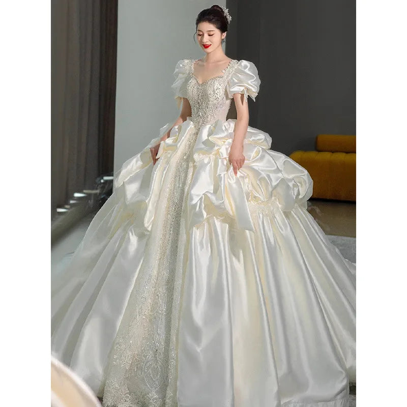 Elegant Satin Puff Sleeve Bridal Ball Gown Wedding on Luulla