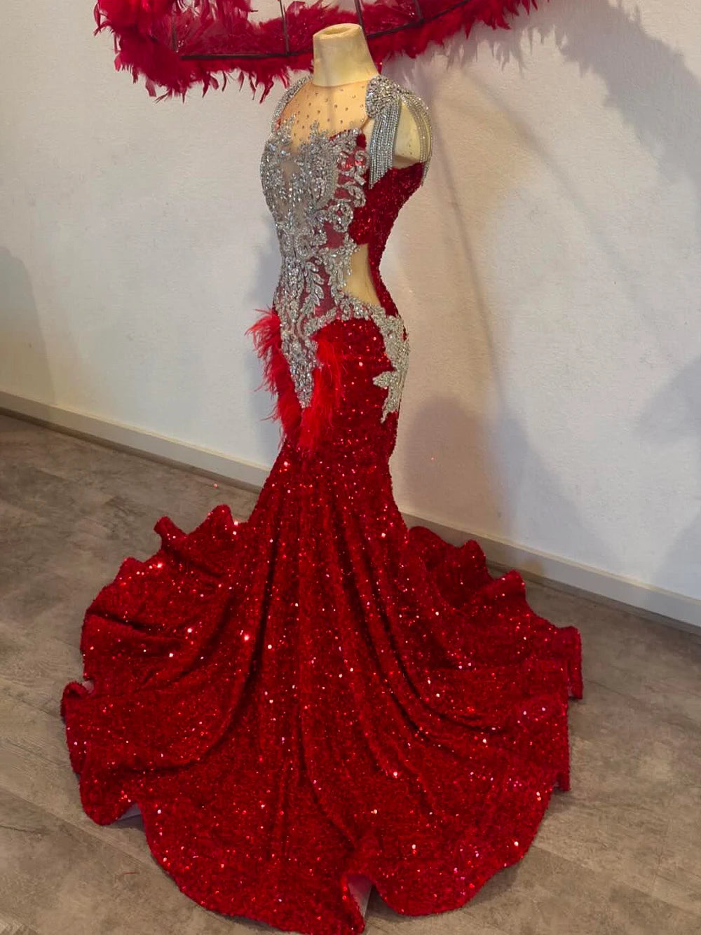 Luxurious Red Sequined Mermaid Evening Gown With Feathers on Luulla