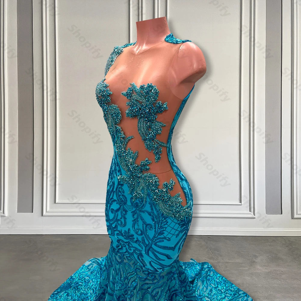 Elegant Turquoise Sequined Mermaid Prom Dress Gown on Luulla