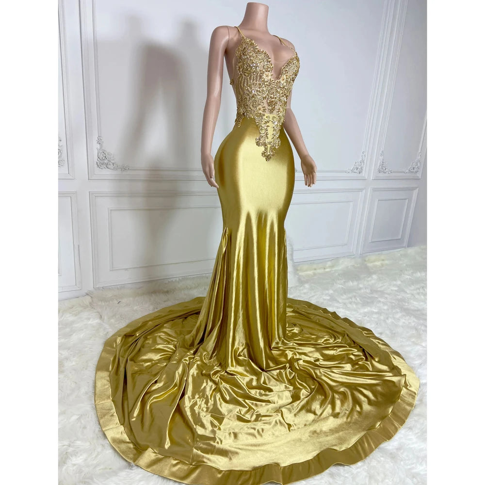 Elegant Gold Satin Mermaid Gown With Embroidered Bodice on Luulla